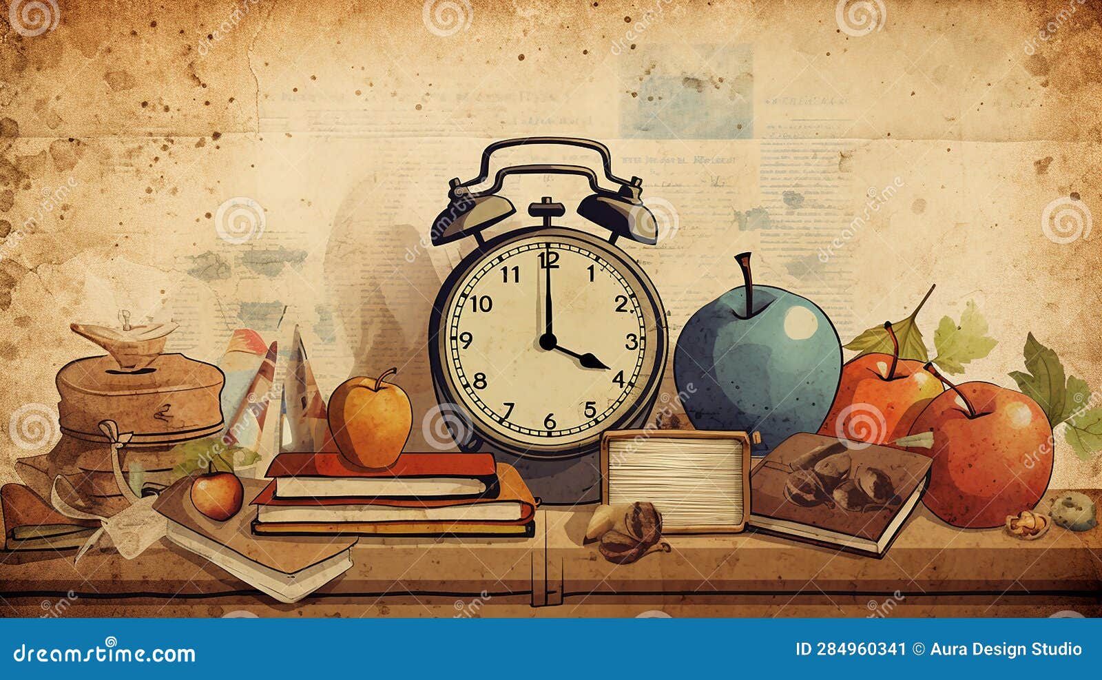 Vintage Study Break Aged Texture Illustration with Clock Stock ...