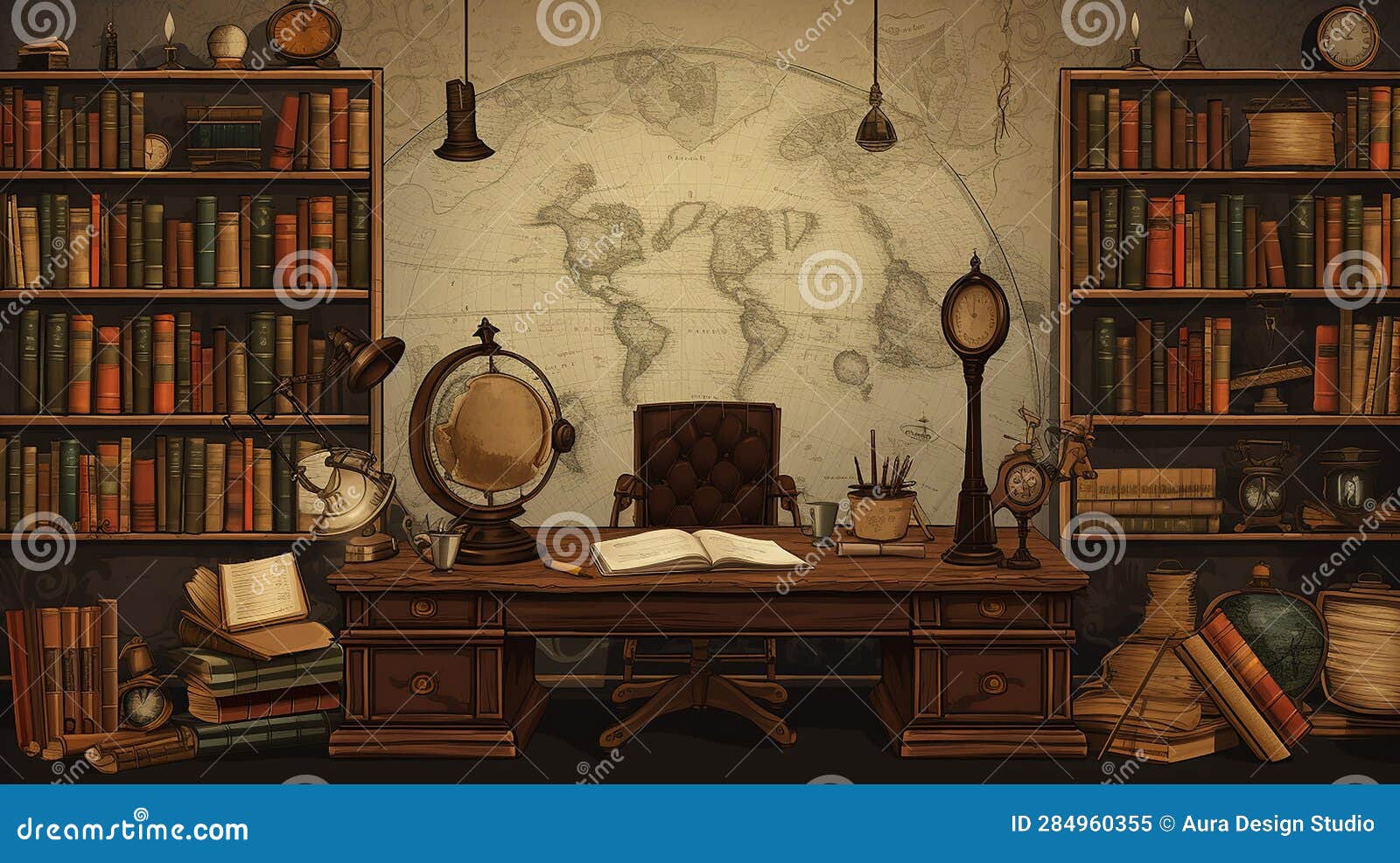 Vintage Study Break Aged Texture Illustration with Globe and Computer ...