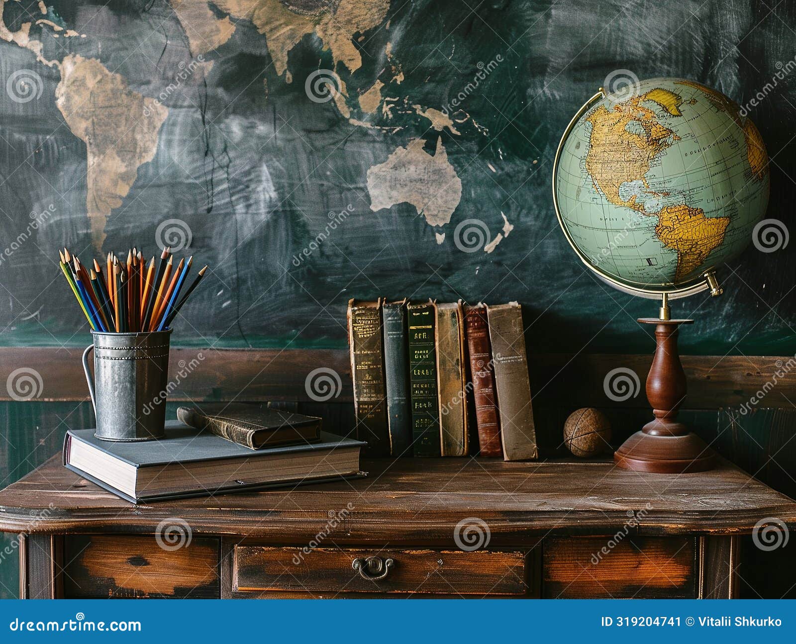 A Vintage Study Desk Featuring a Globe, Old Books, and a Container of ...