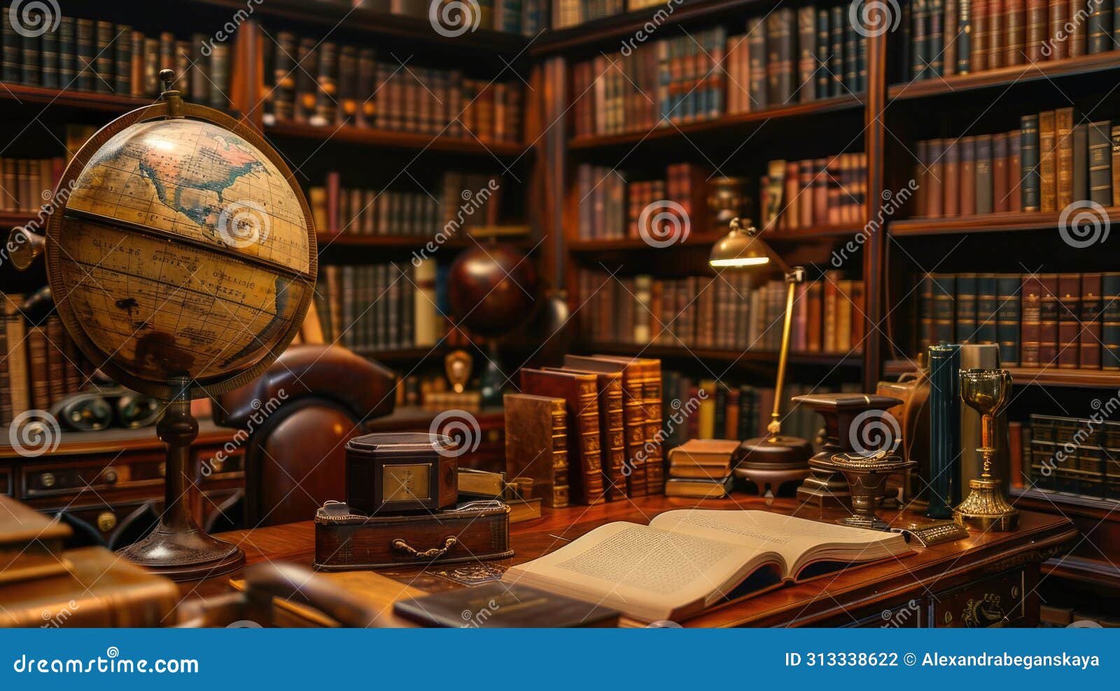 Vintage Study Room with a Globe, Books, and Antique Objects Stock ...