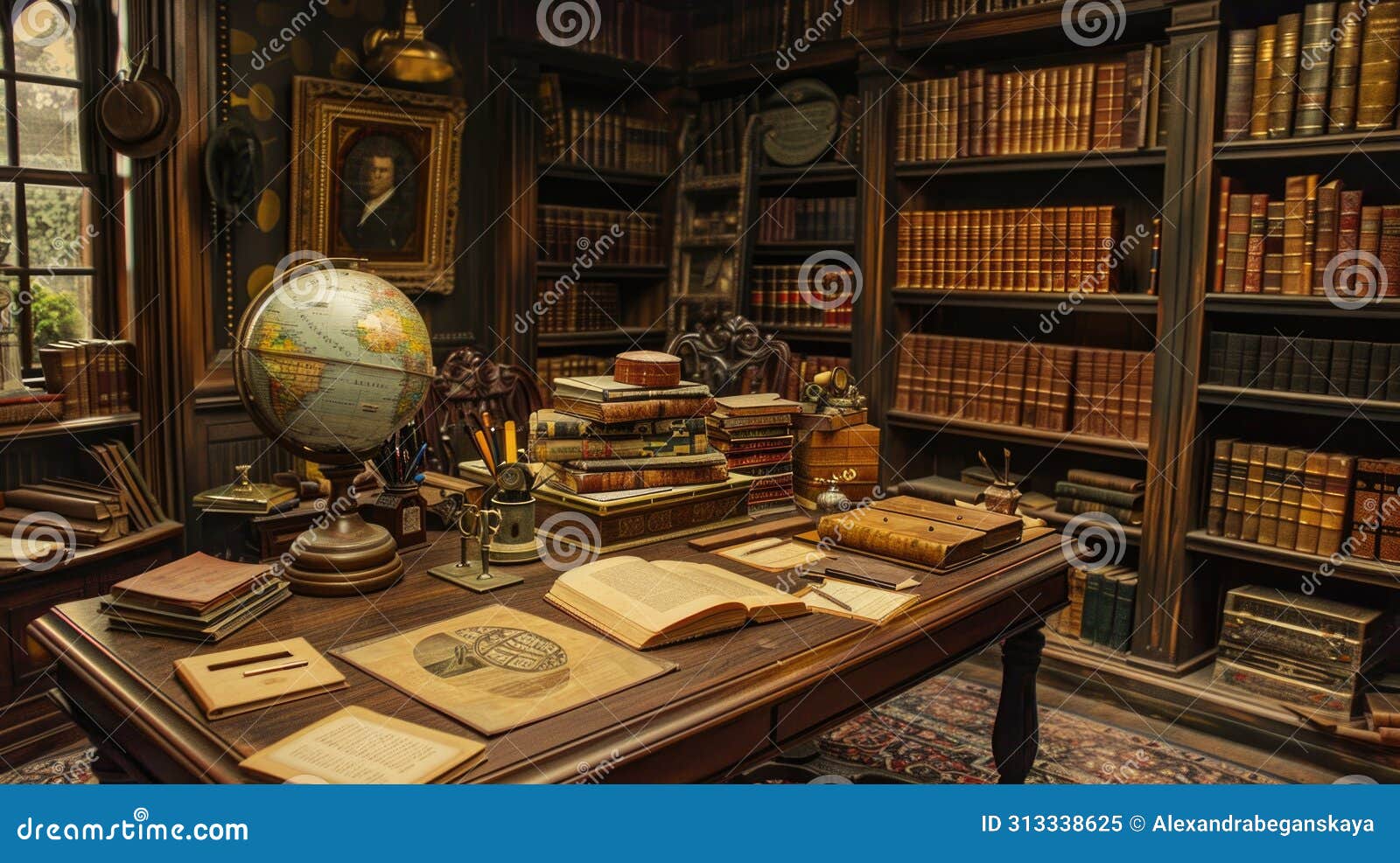 Vintage Study Room with a Globe, Books, and Antique Objects Stock ...