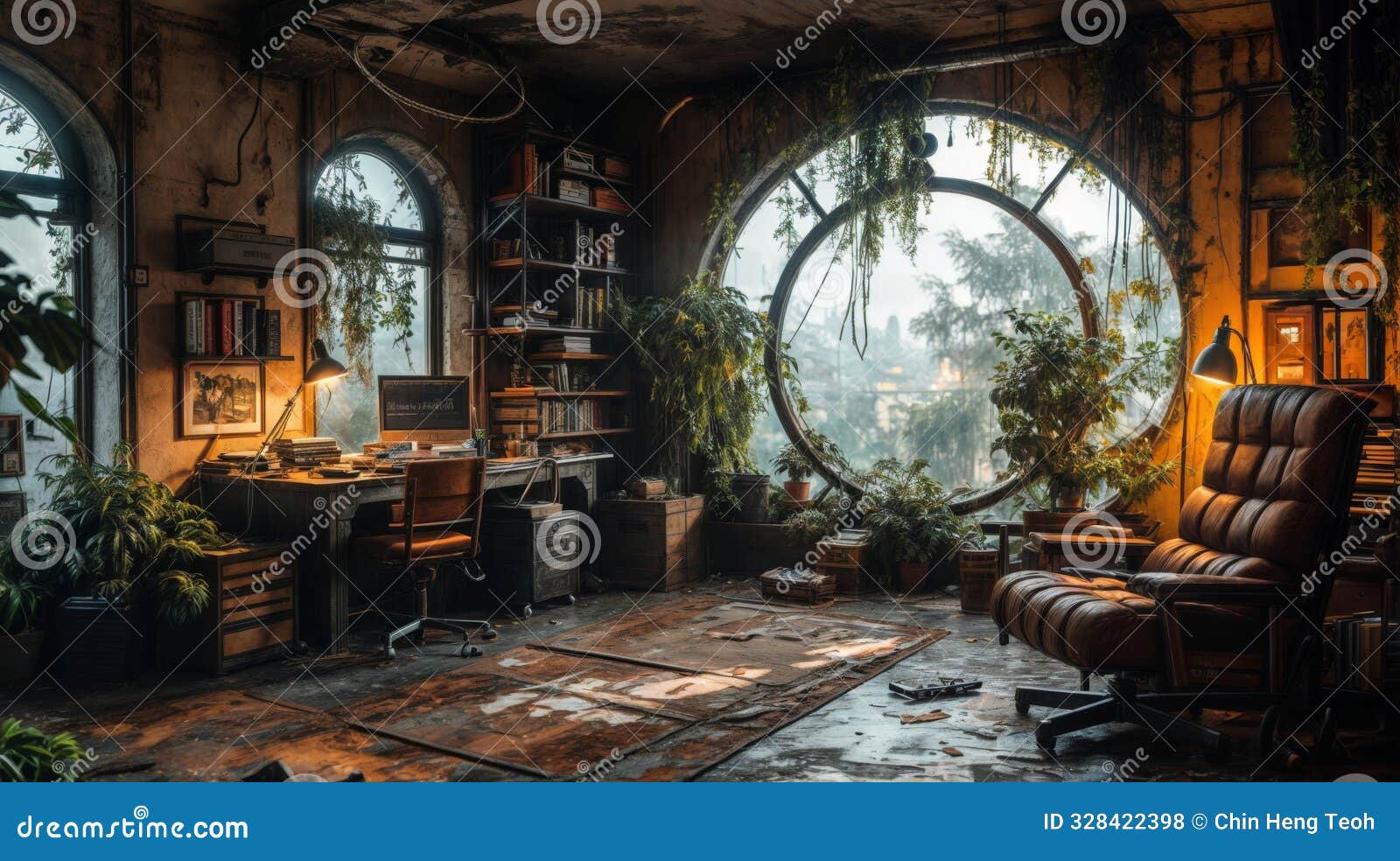 Vintage Study Room with Plants and Circular Window Stock Photo - Image ...