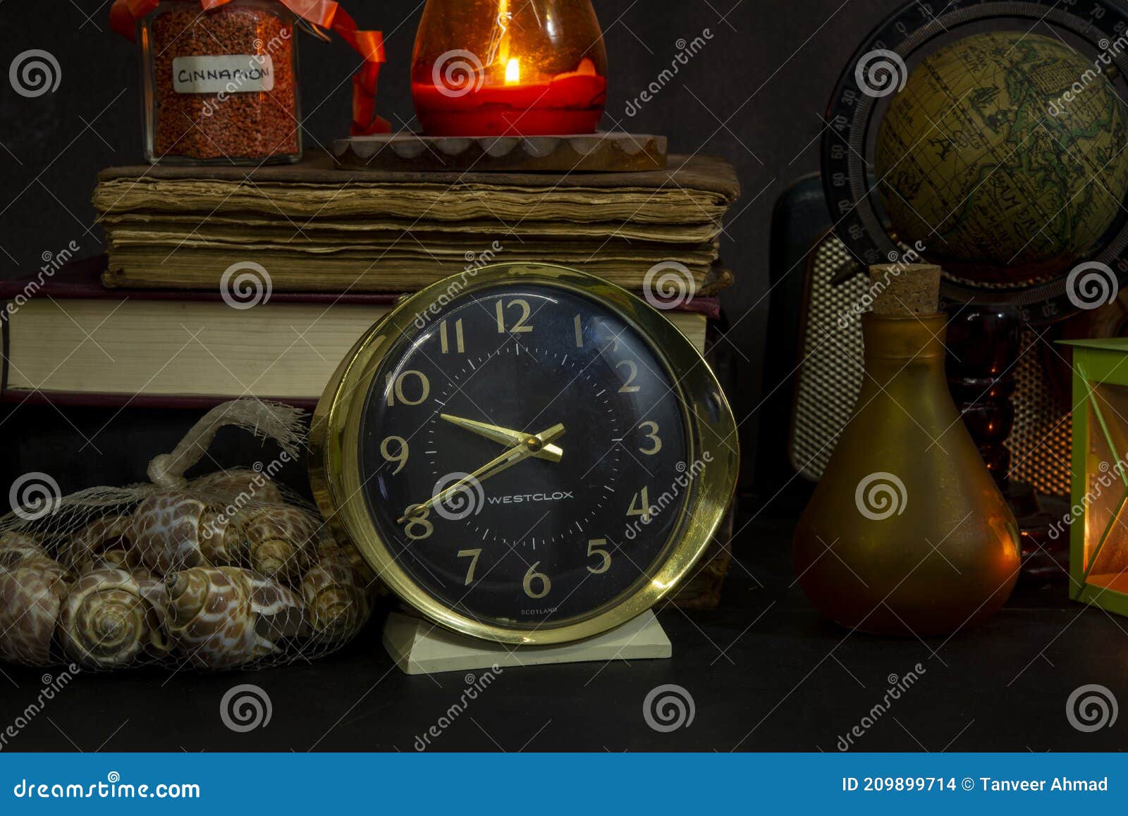 Vintage Study Table View with Books and Golden Clock in Front Stock ...