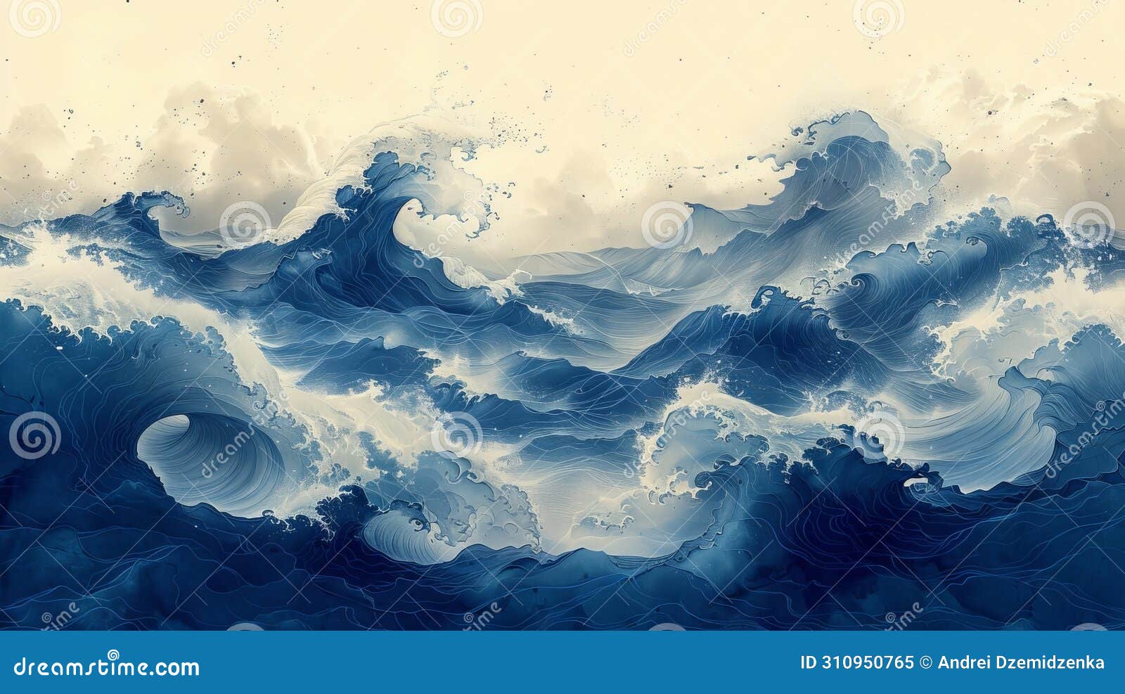 Vintage Style Blue Line Pattern with Ocean Objects on a Japanese ...