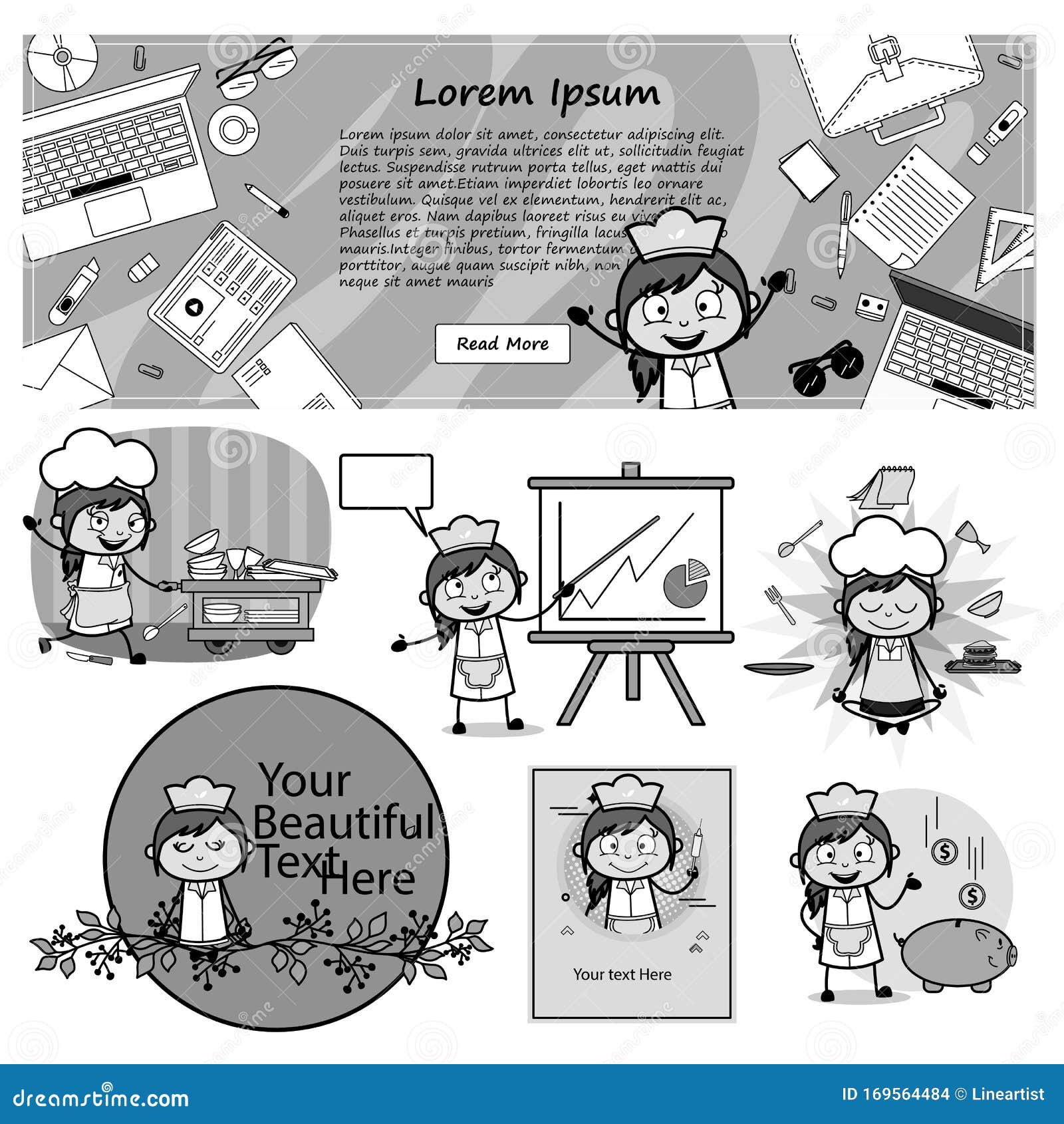 Vintage Style Cartoon Waitress Characters - Set of Concepts Vector ...