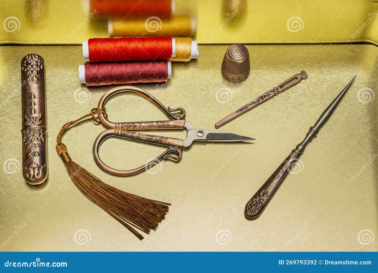 Vintage Style Copper Sewing Set Along with Unused Spools of Thread ...