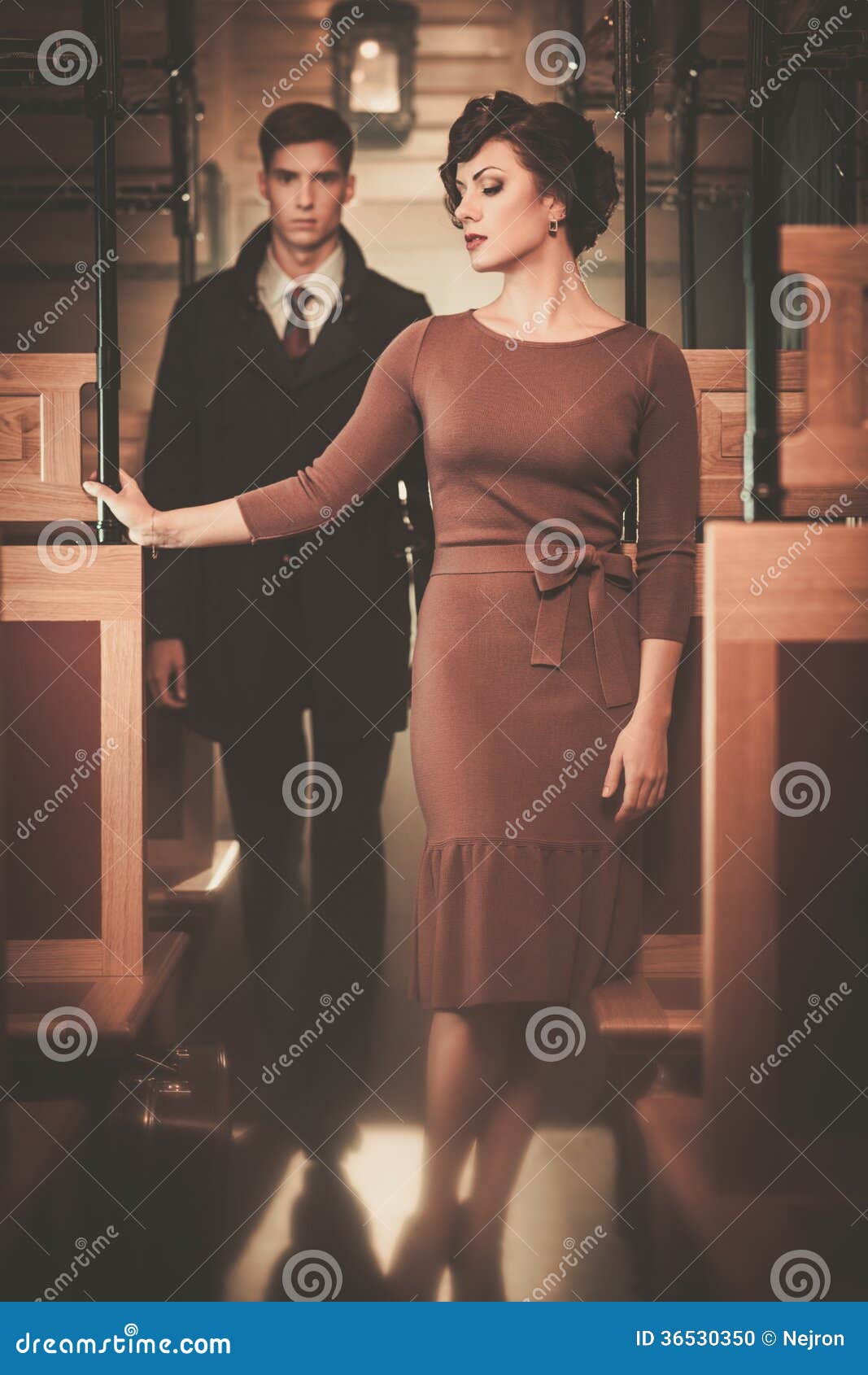 Vintage style couple stock photo. Image of indoors, bench - 36530350
