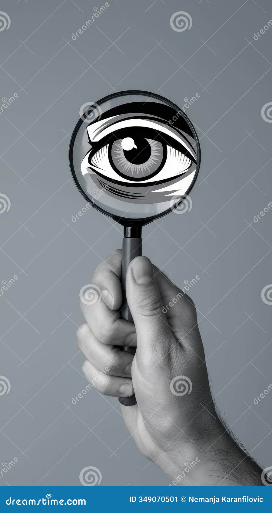 Vintage Style Grayscale Hand with Magnifying Glass Centered on Eye ...
