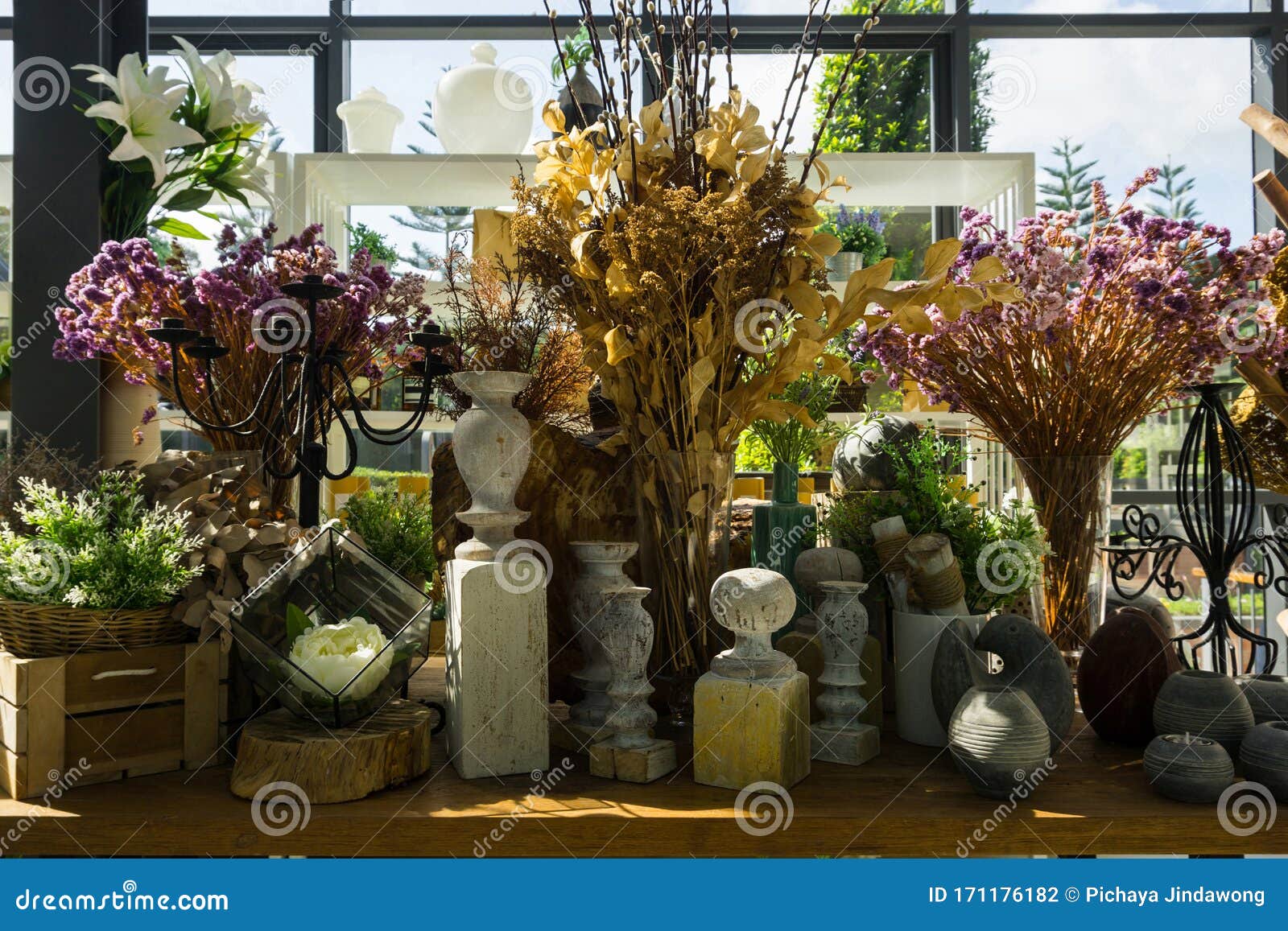 Vintage Style Interior Decoration with Various Flowers Stock Photo ...