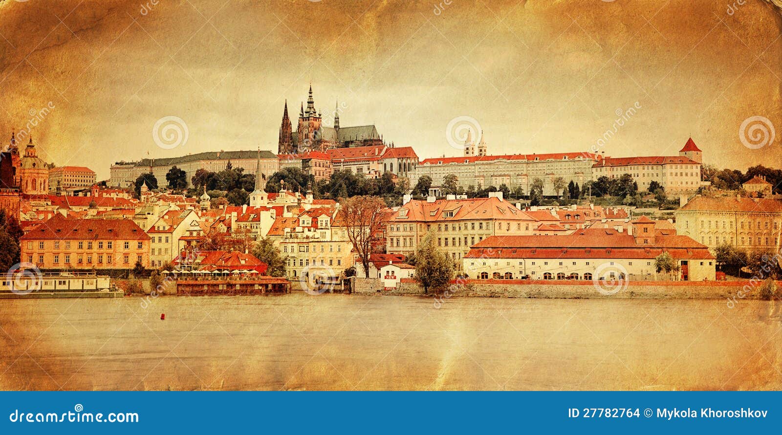 Vintage Style Panorama of Old Prague Stock Photo - Image of town, retro ...