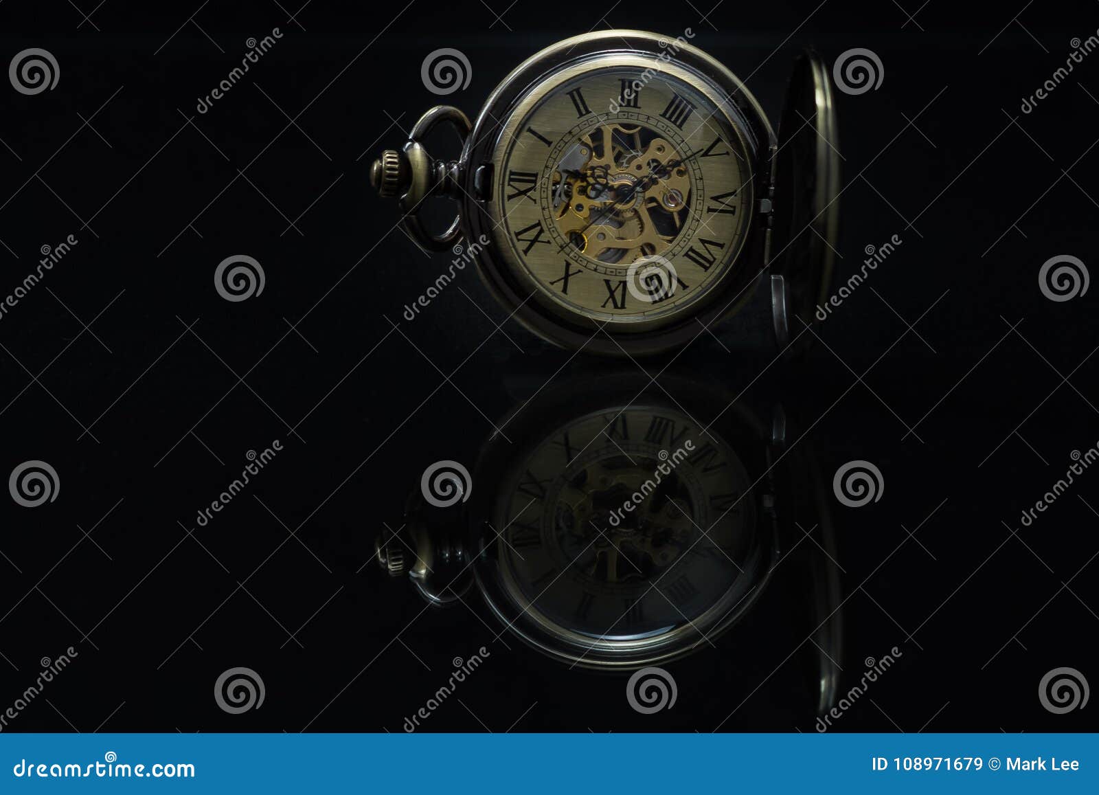 Vintage Style Pocket Watch with Reflection on Black Background. Stock ...