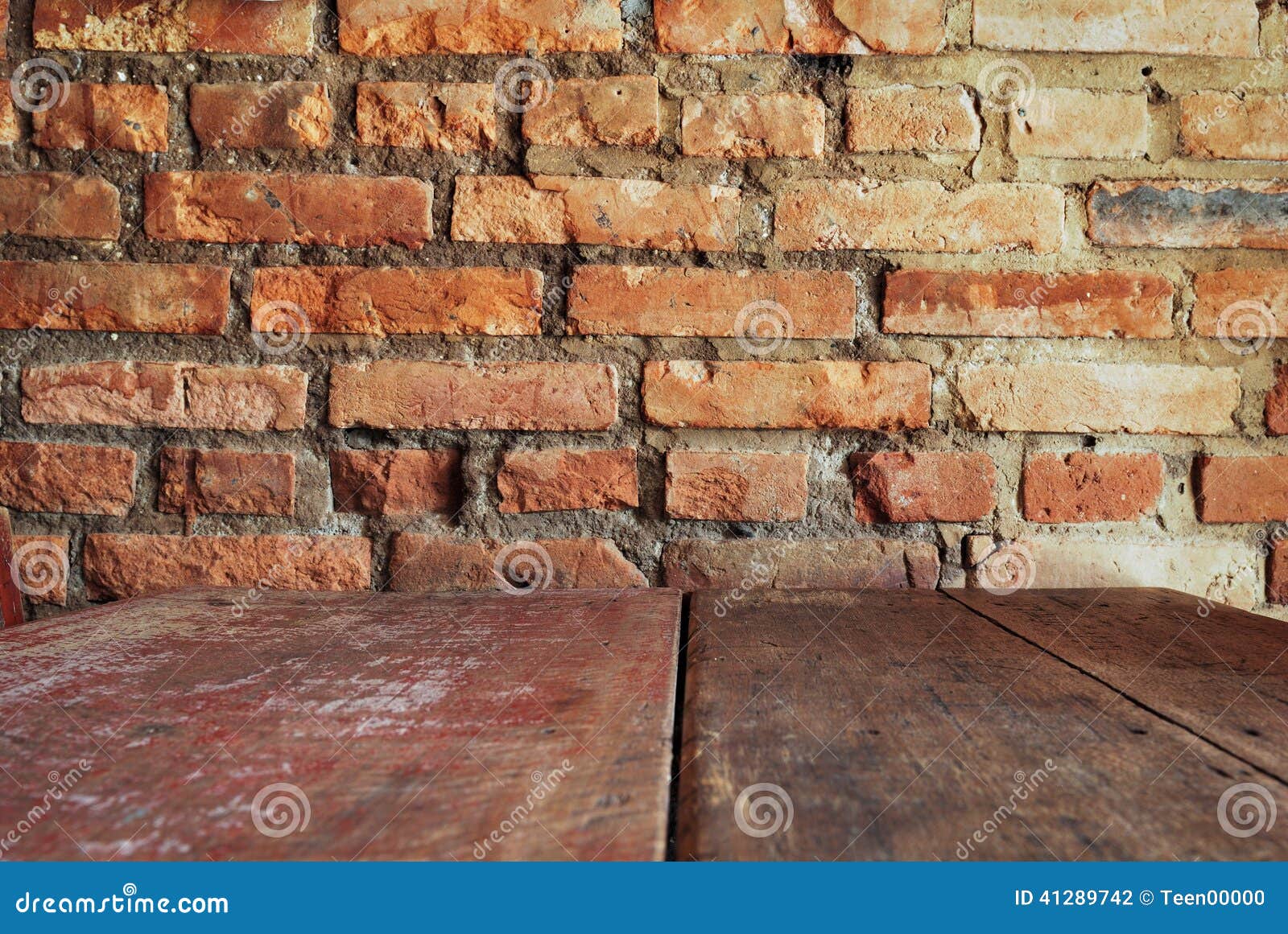 Vintage Style. Red Brick Wall with Wood Table Stock Photo - Image of ...