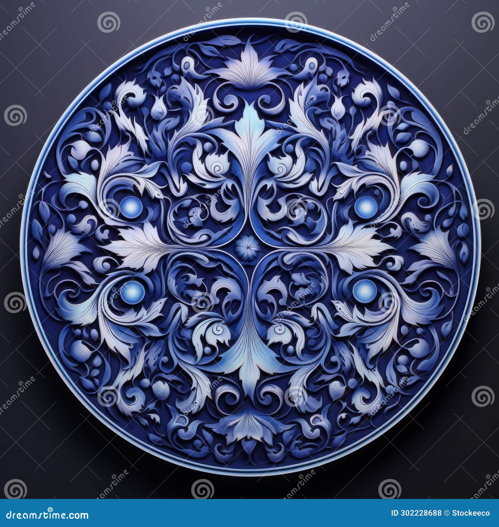 Vintage Stylized Blue Decorative Circular Design in Detailed ...