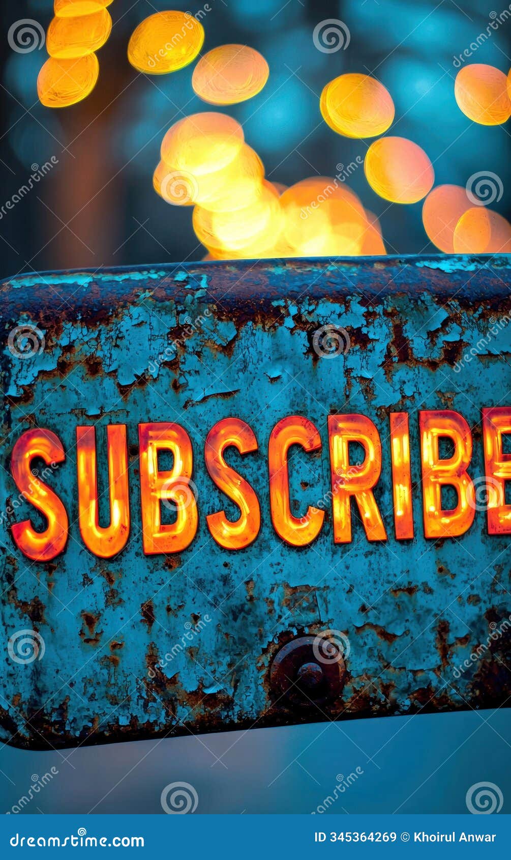 Closeup of a Weathered Subscribe Button with Glowing Lights in the ...