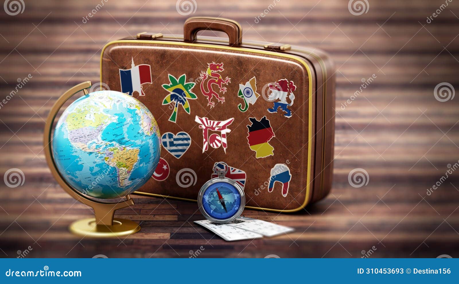 Vintage Suitcase with Flags of World Countries, Globe, Compass and ...