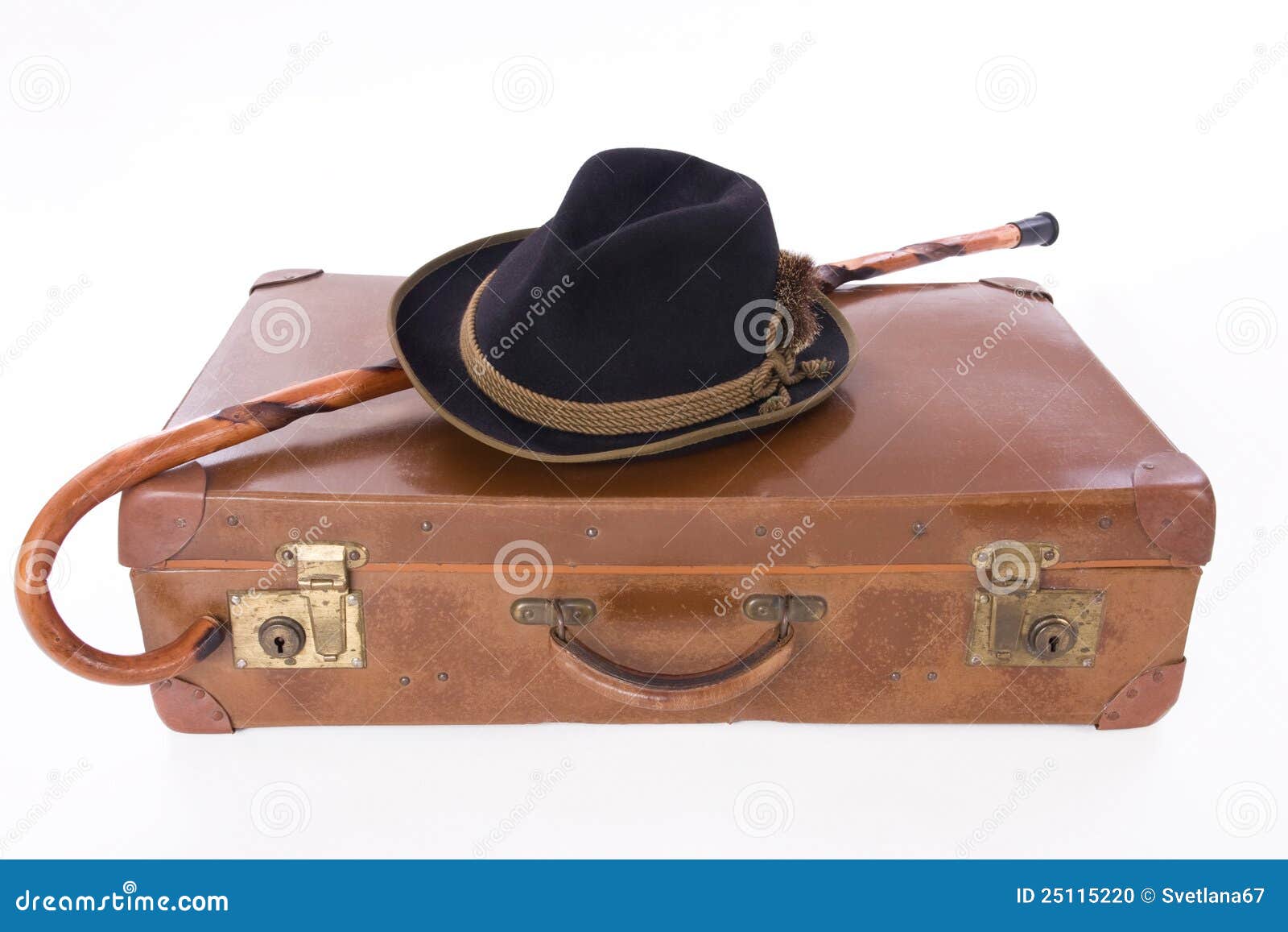 Vintage Suitcase with Walking Stick and Hat Stock Photo - Image of ...