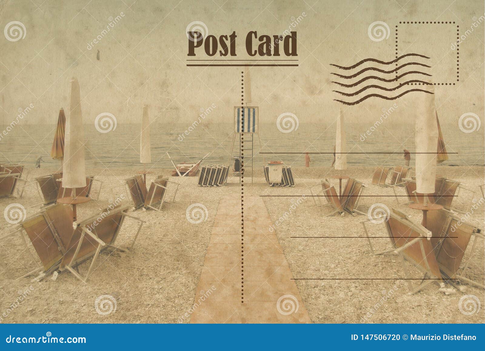Vintage Summer Postcard. Umbrellas and Deckchair on the Beach Stock ...