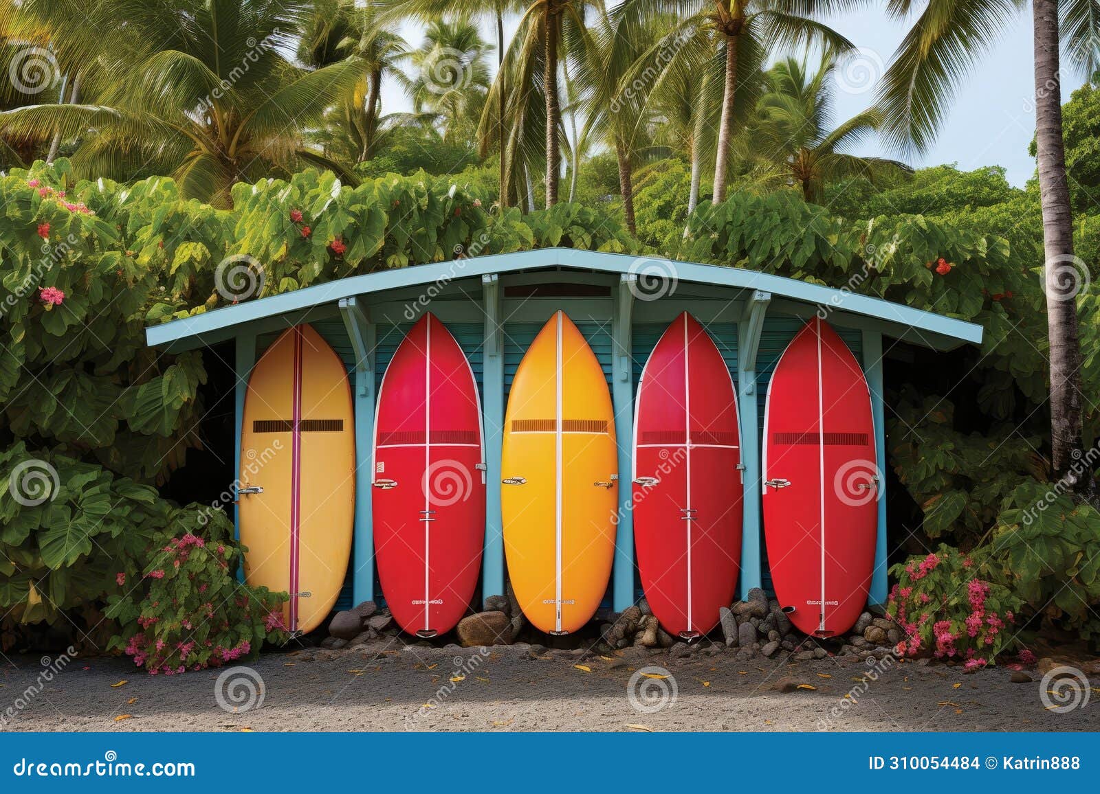 Vintage Surfboards Displayed in a Rustic Beach Hut Surrounded by Lush ...