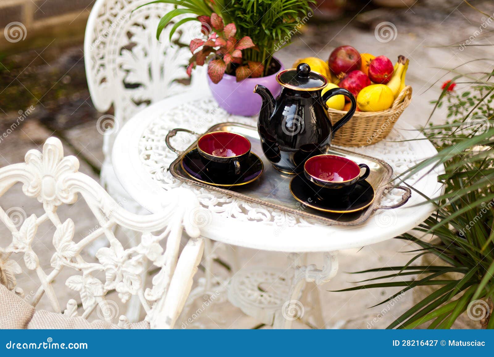 Vintage Table with Tea Set and Fruits in the Garden Stock Image - Image ...