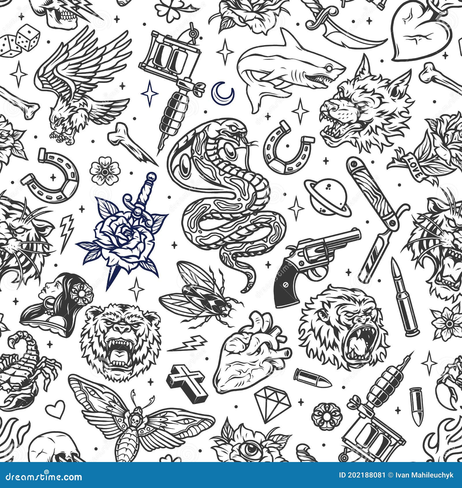 Vintage Tattoos Seamless Patterns Stock Vector - Illustration of pistol ...