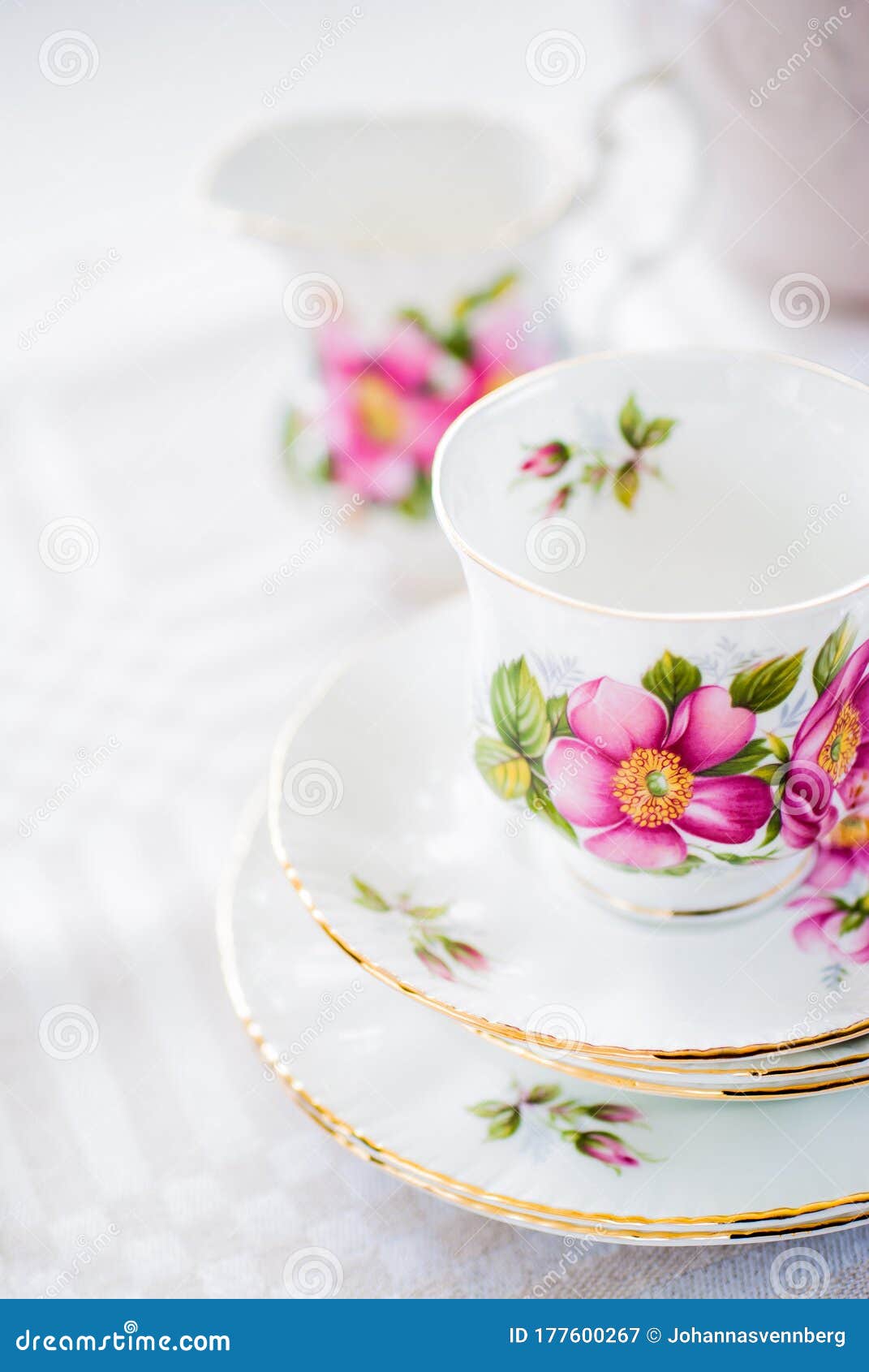 Vintage Tea or Coffee Cup with Gold Rim and Rose Pattern on a Stack of ...
