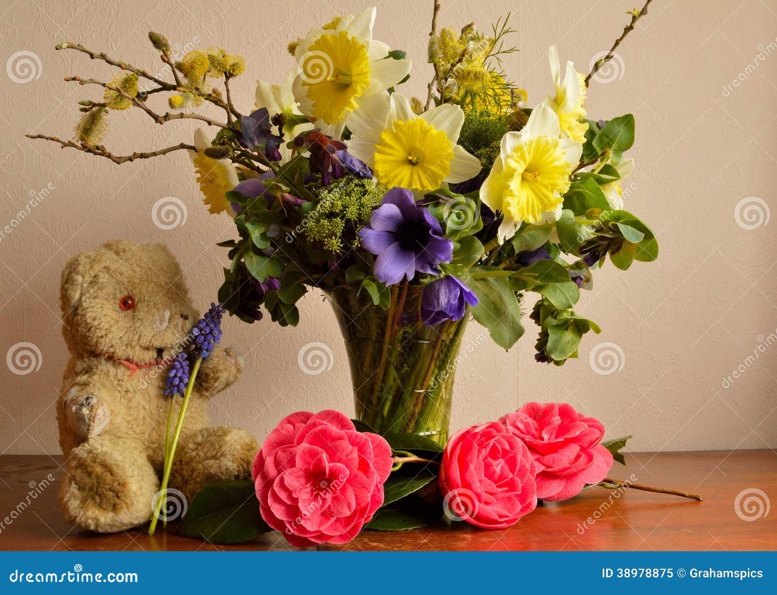 Vintage Teddy Bear and Spring Flowers Stock Image - Image of brown ...