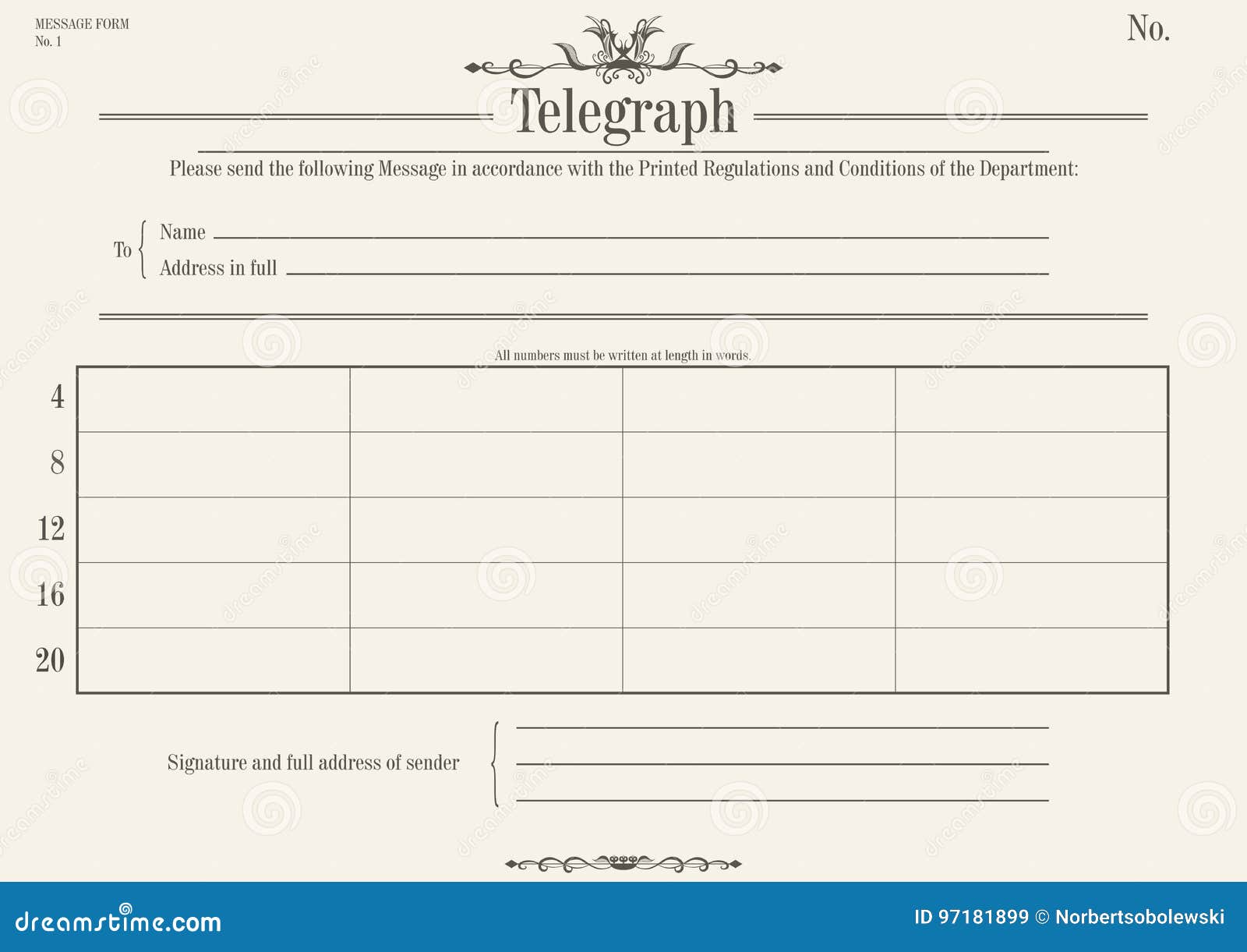 Vintage telegraph form. stock vector. Illustration of realistic - 97181899