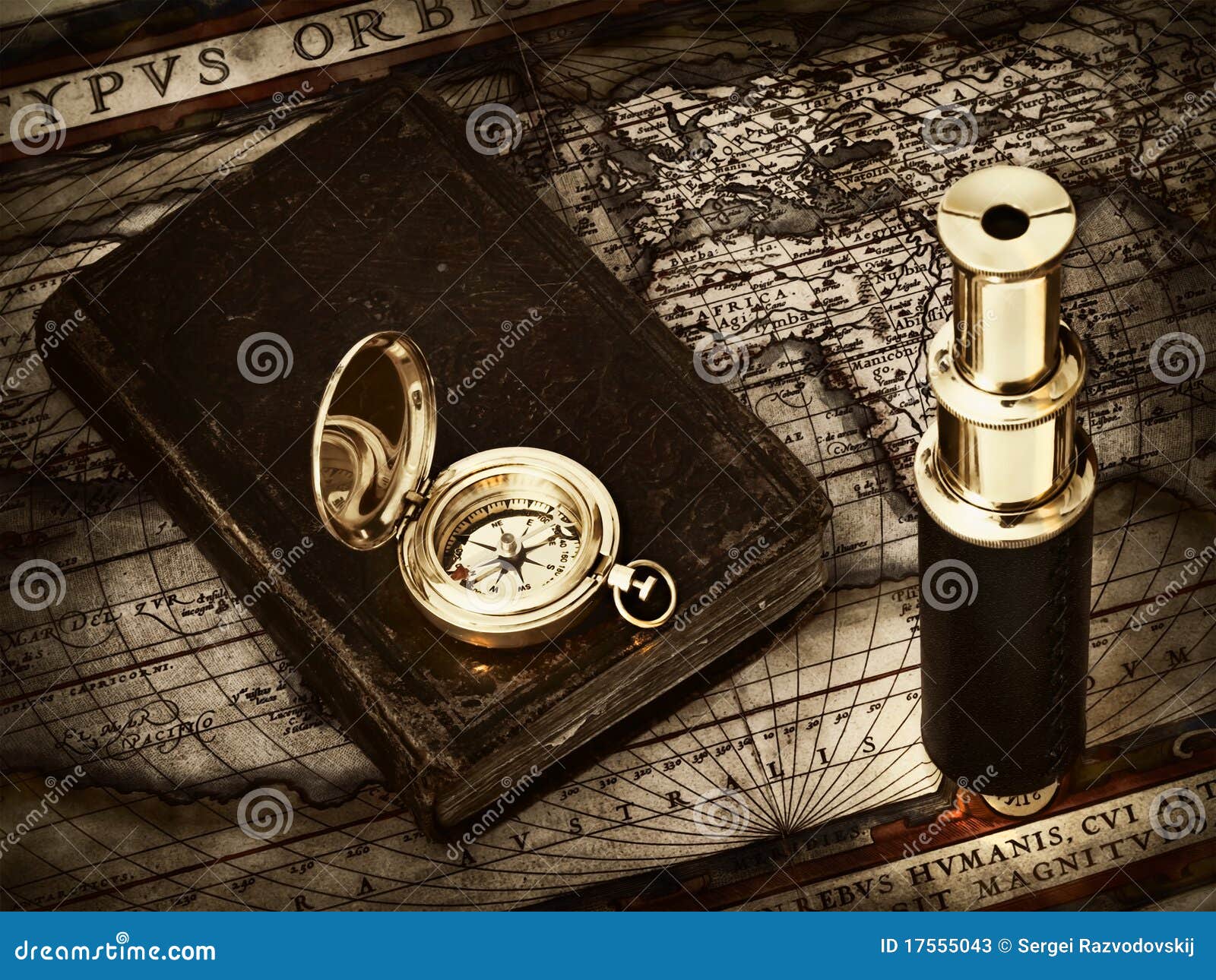 Vintage Telescope and Compass at Antique Map Stock Image - Image of ...