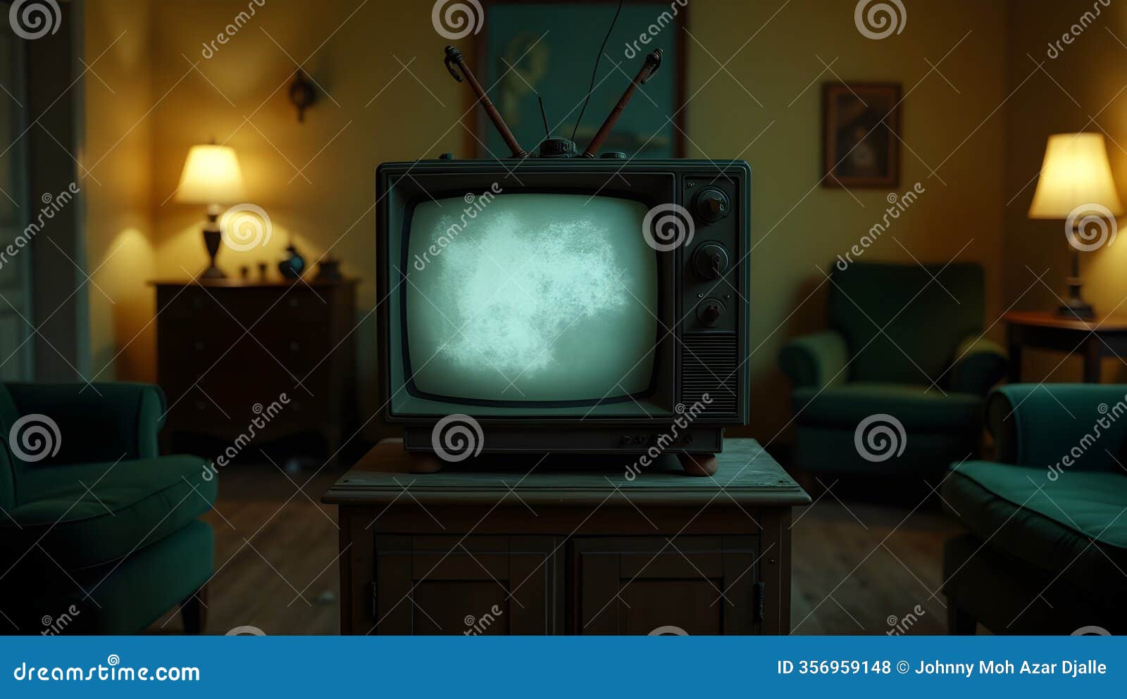 A Vintage Television with Rabbit-ear Antennas, Broadcasting Static in a ...