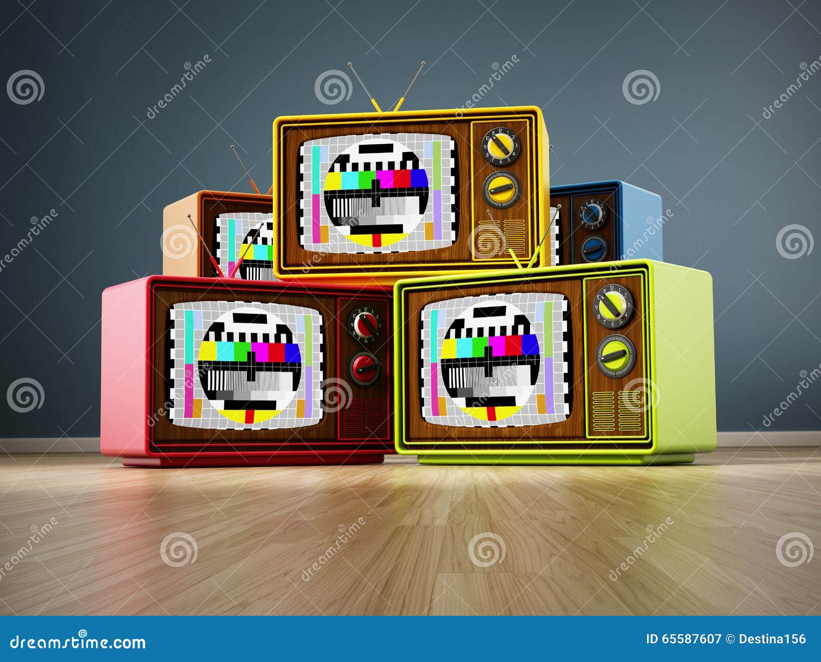 Vintage Television Stack Standing on Wood Stock Illustration ...