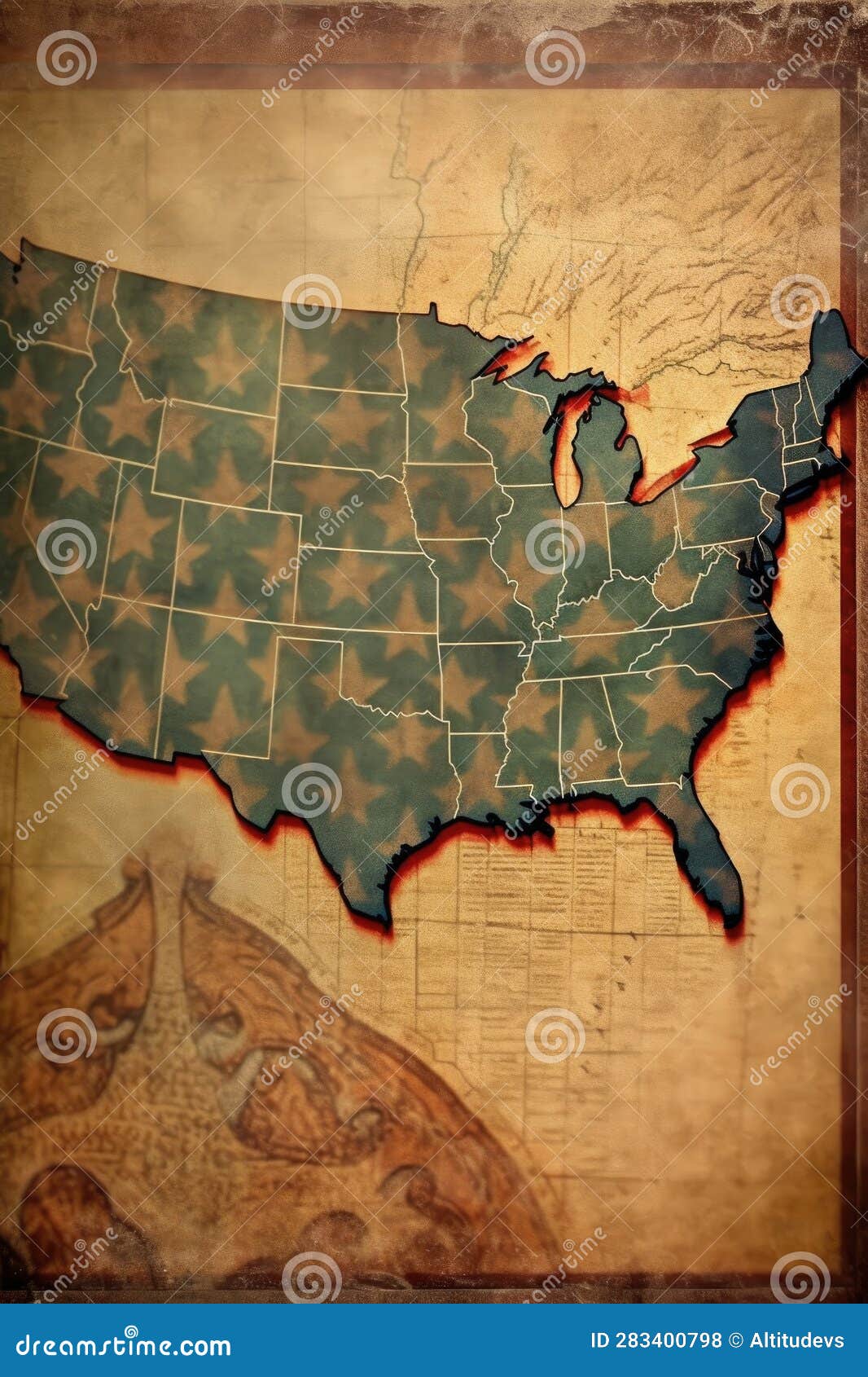 Vintage Textured Us Map with State Borders Stock Illustration ...