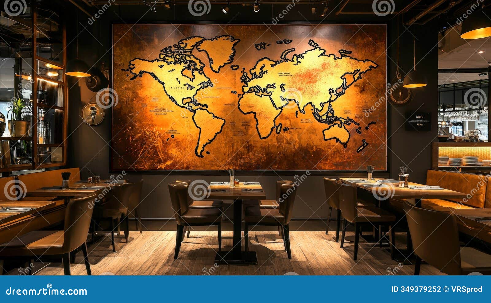 Vintage-themed Restaurant With Rustic World Map Decor Stock Photography ...
