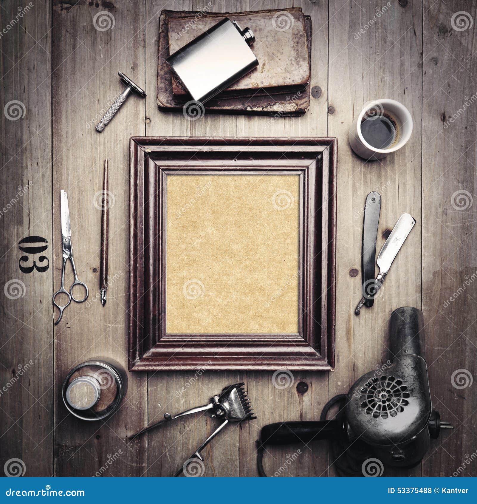 Vintage Tools of Barber Shop with Canvas in Picture Frame Stock Photo ...