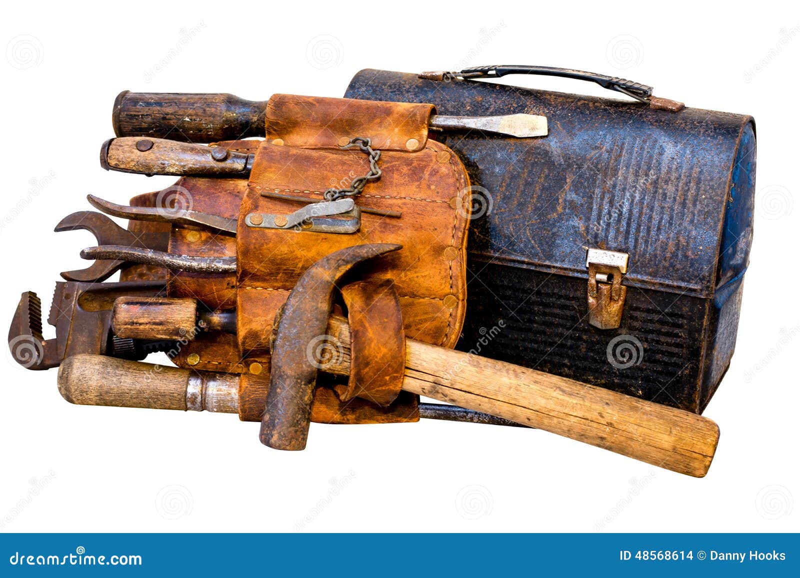 Vintage Tools, Tool Belt, and Lunch Box Stock Photo - Image of grungy ...