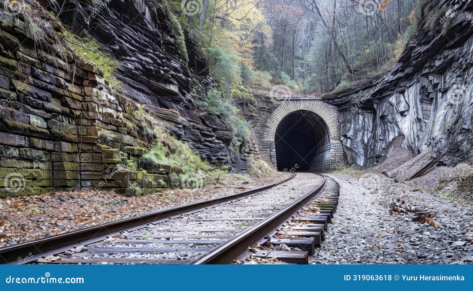 A Vintage Train Winds Its Way through a Dark, Moss-covered Tunnel ...