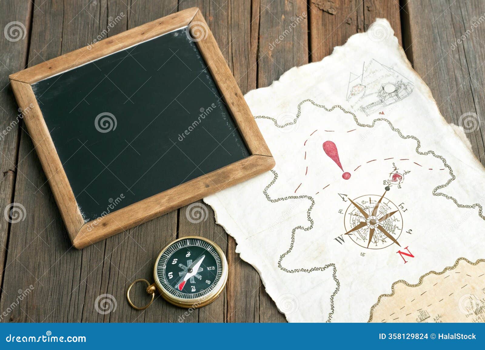 Treasure Map, Blackboard, Old Compass And Ruler On Wood Desk Stock ...