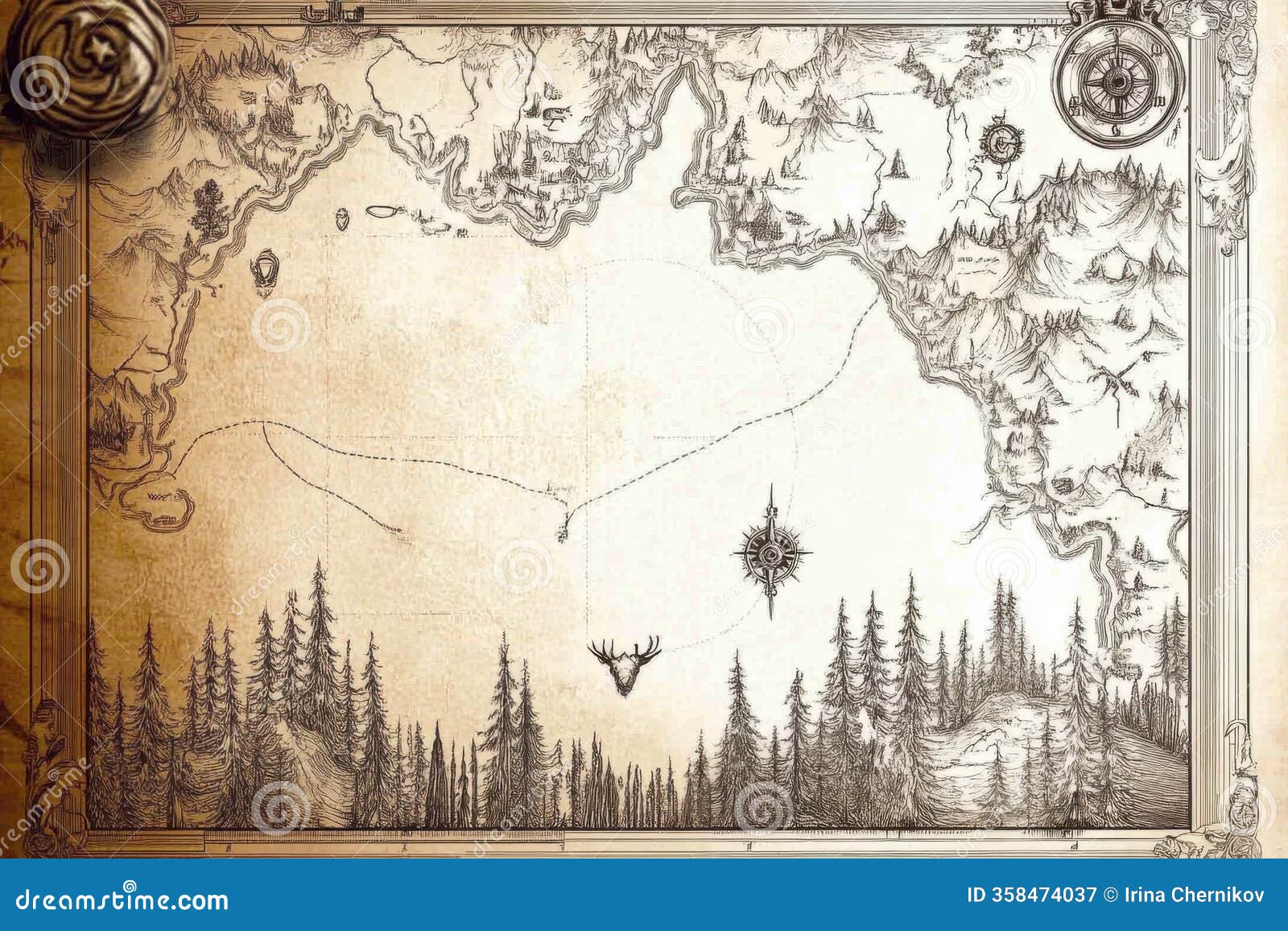 Vintage Treasure Map with Compass and Forest Border - Adventure ...