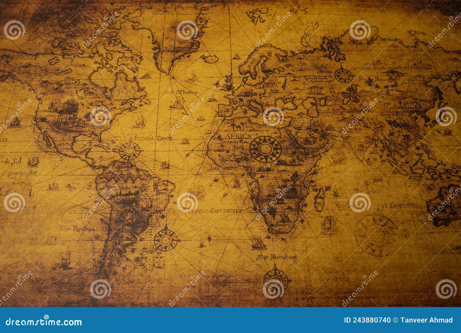 Vintage Treasure World Map in Dark Brown Vibes Stock Photo - Image of ...
