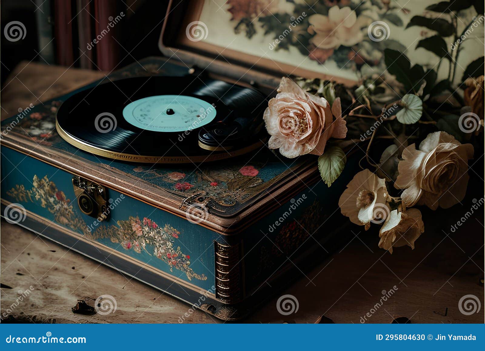 Vintage Turntable with an Old Gramophone and Dried Roses Stock ...
