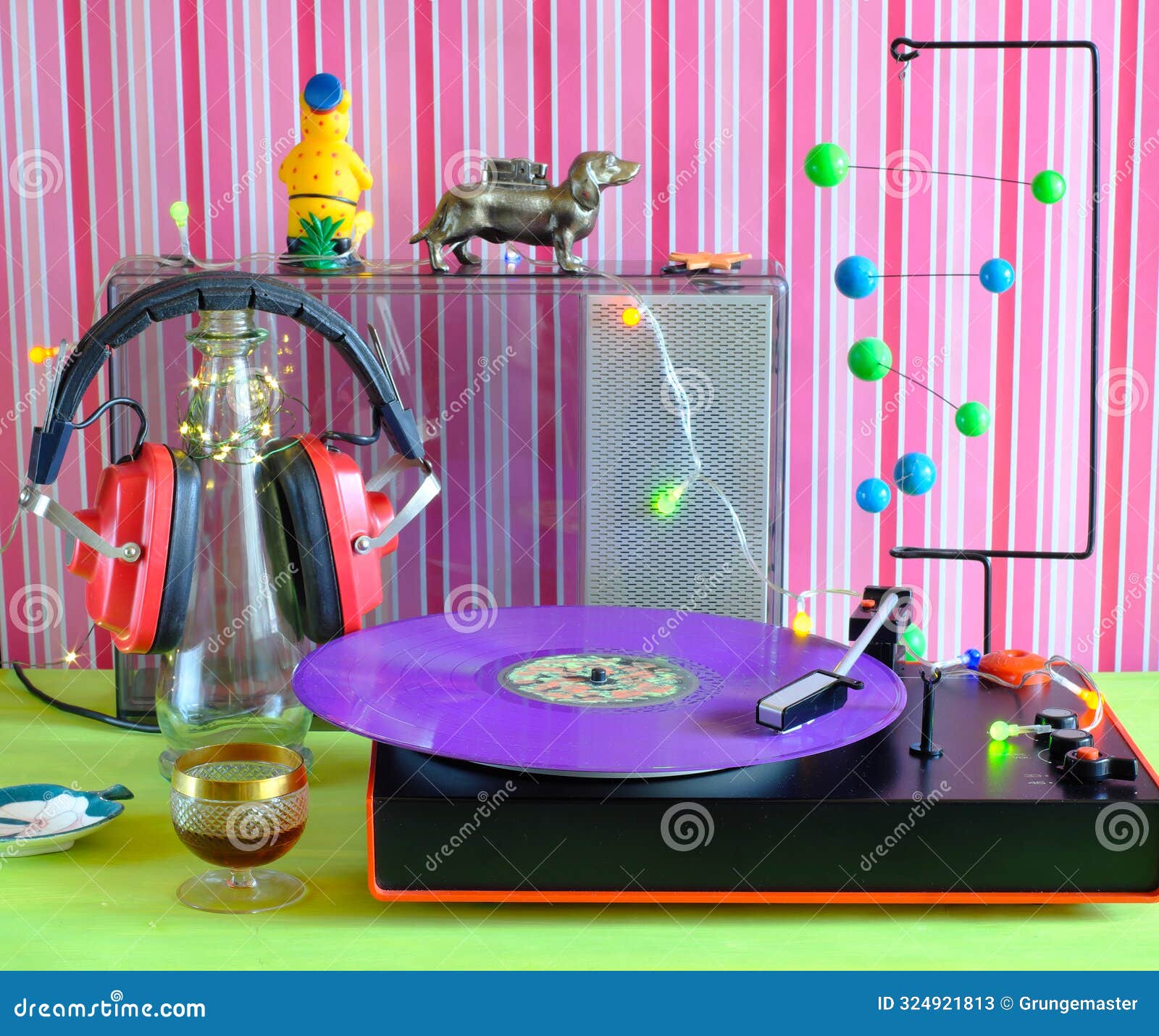 Vintage Turntable with Purple Vinyl Record Old Red Headphone, Speaker ...