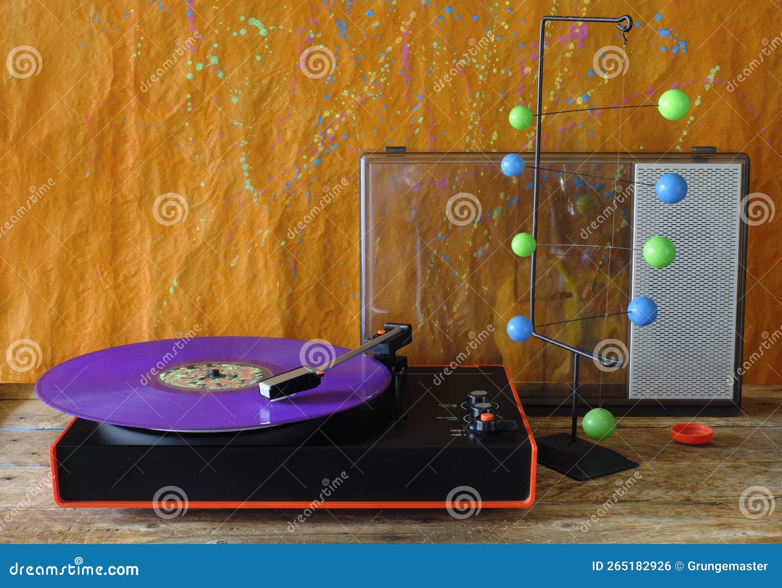 Vintage Turntable with Purple Vinyl Record, Speaker and Pop Art Object ...