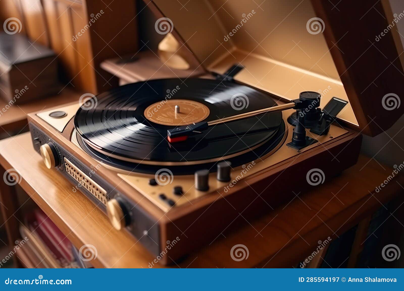 Vintage Turntable with Vinyl Disc on Table in Room Stock Illustration ...