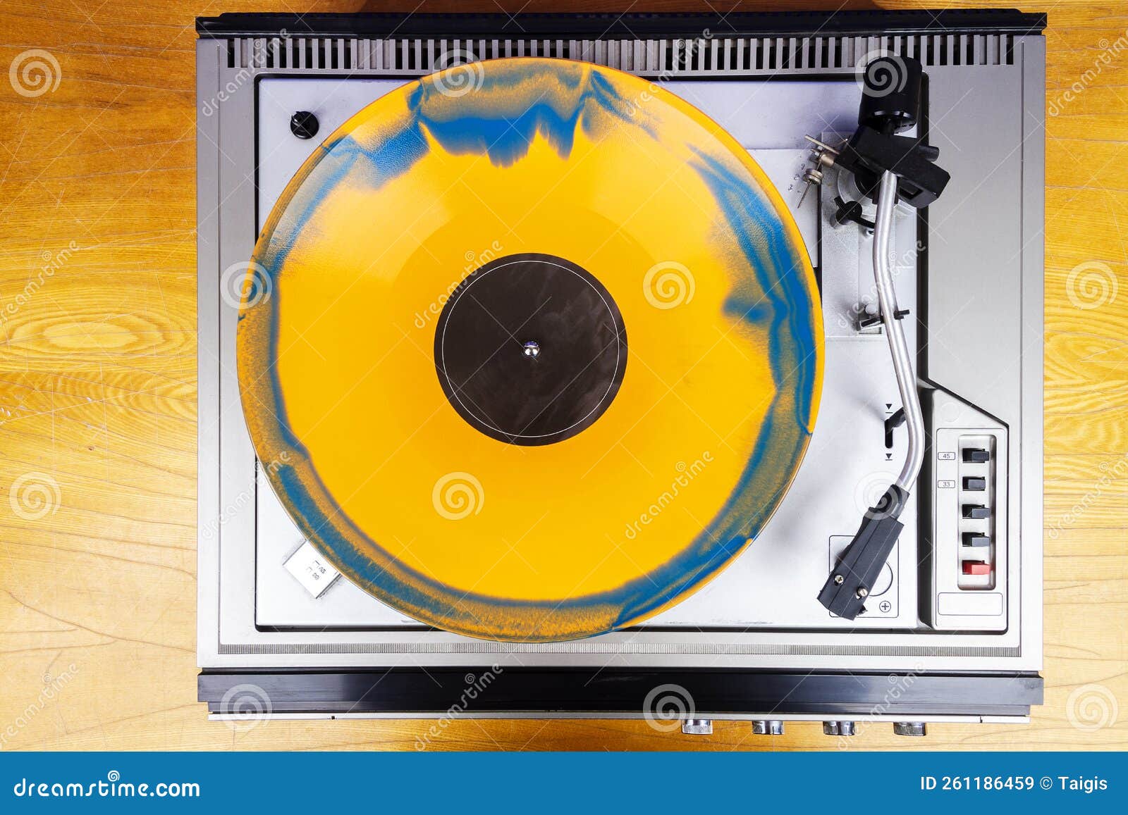 Vintage Turntable Vinyl Record Player with Blue and Orange Vinyl Stock ...