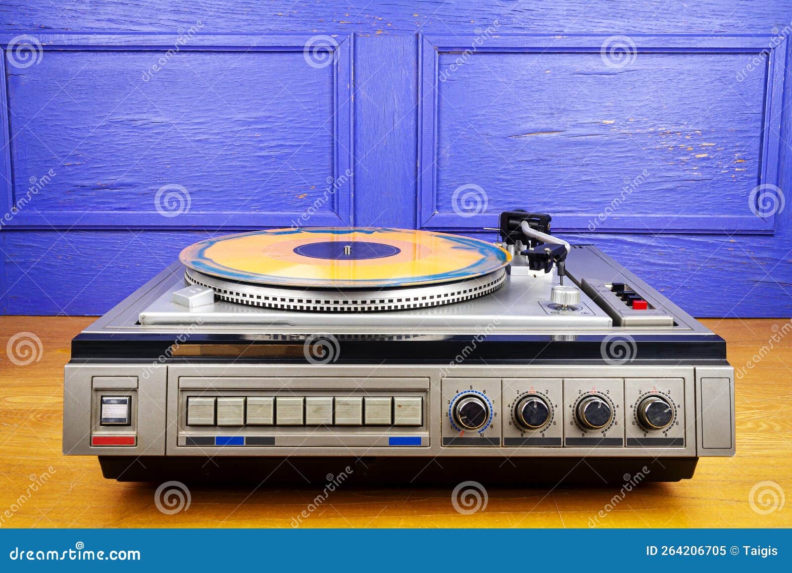 Vintage Turntable Vinyl Record Player with Blue and Orange Vinyl Stock ...