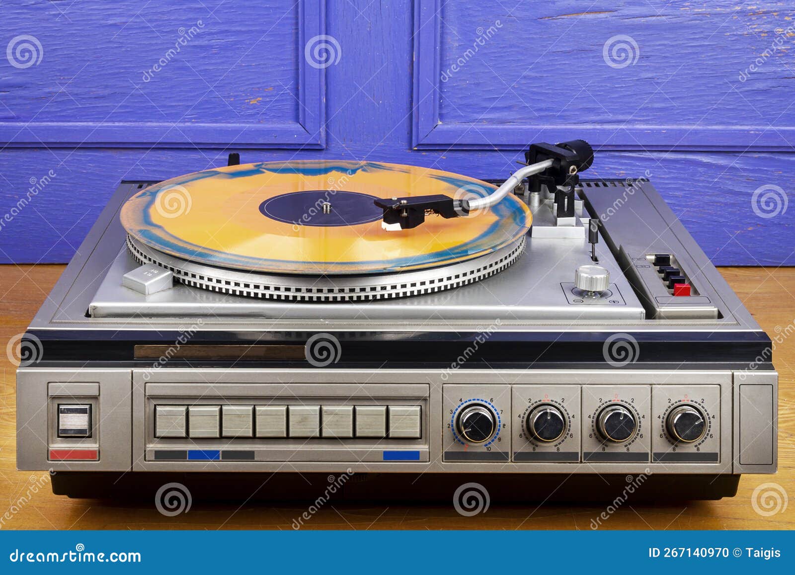 Vintage Turntable Vinyl Record Player with Blue and Orange Vinyl Stock ...