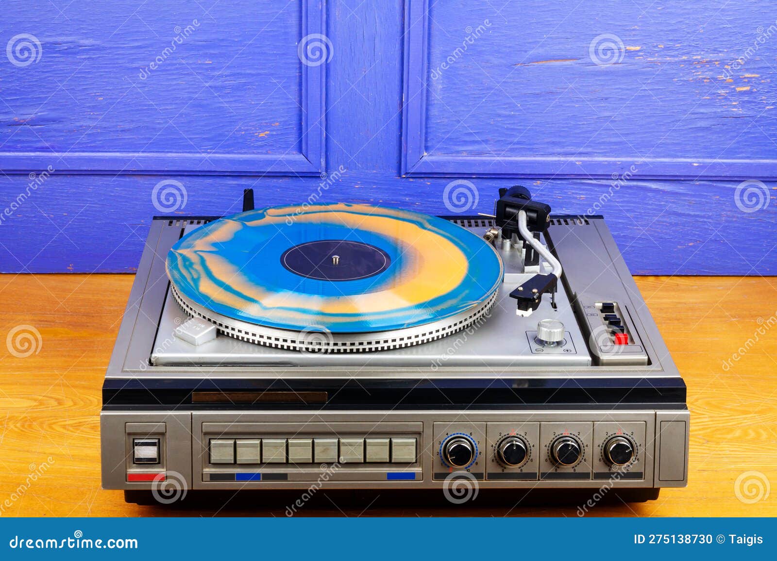 Vintage Turntable Vinyl Record Player with Blue and Orange Vinyl Stock ...