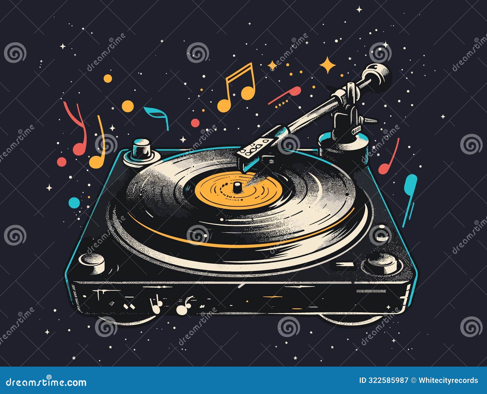 Vintage Turntable Vinyl Record Player with Colorful Musical Notes ...