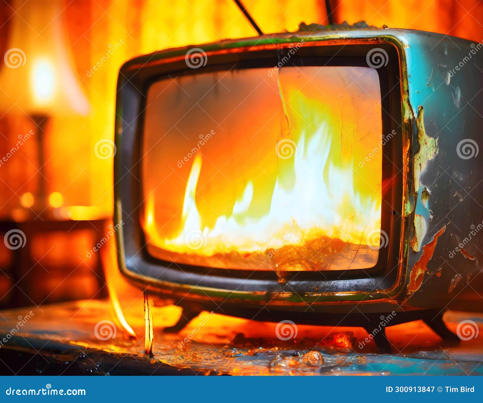 Vintage TV on fire stock illustration. Illustration of 1950s - 300913847