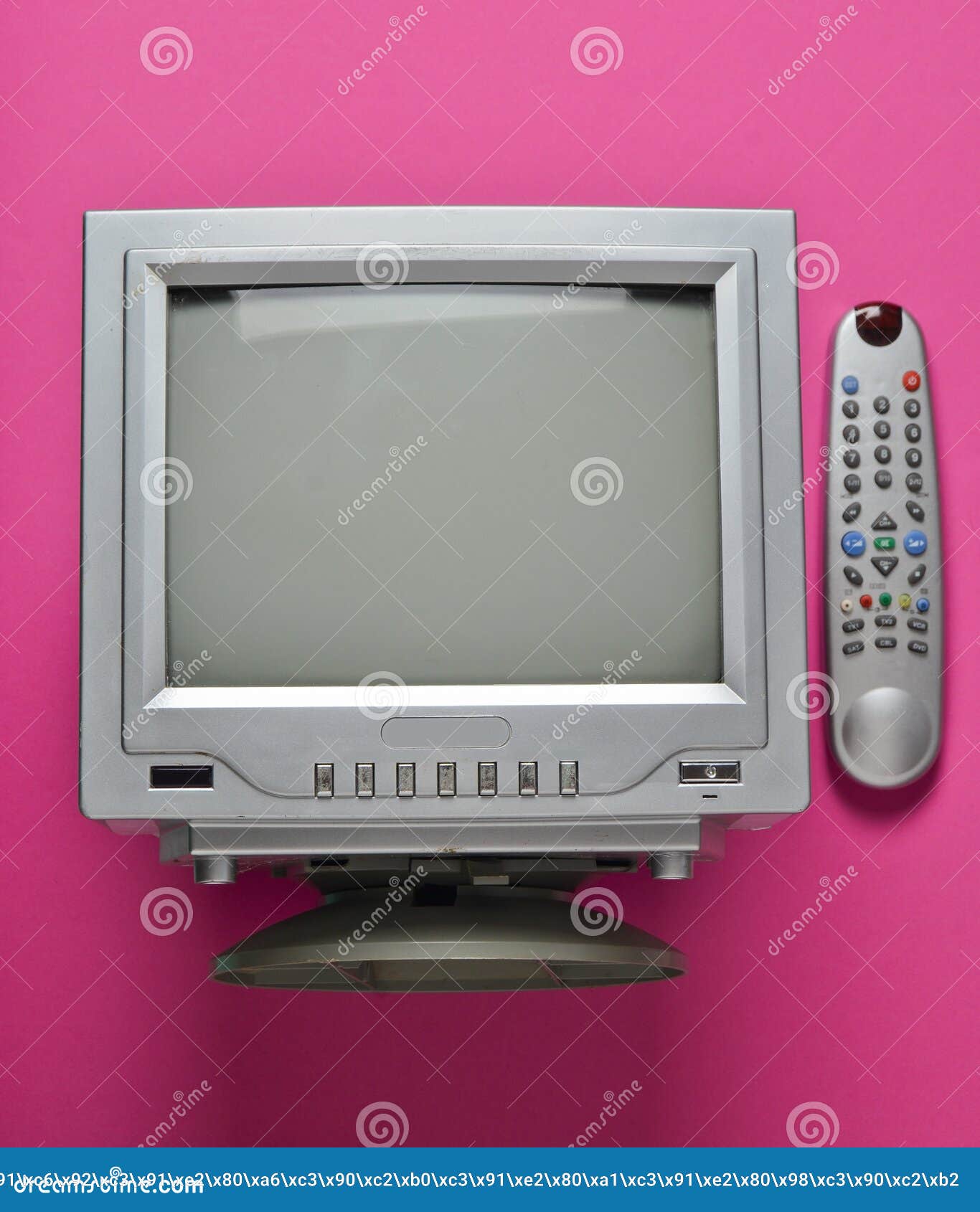 Vintage TV and Remote Control on a Pink Background. Stock Image - Image ...
