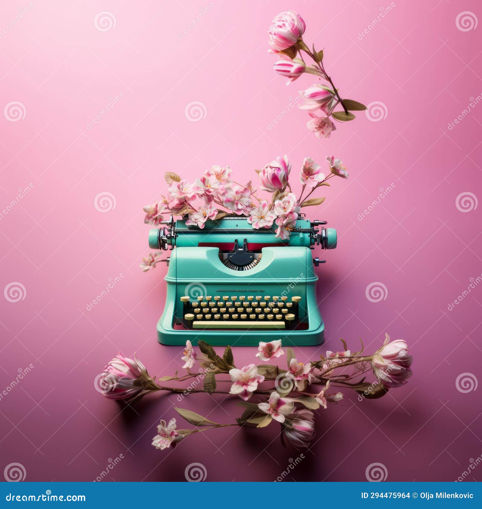 Vintage Typewriter with Spring Flowers on a Pink Background. Stock ...